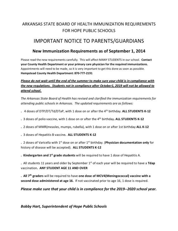 Student immunization requirements | William Jefferson Clinton Primary
